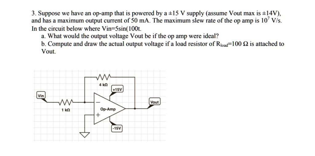 3. Suppose we have an op-amp that is powered by a ±15 V supply (assume Vout max is ±14V), and ...