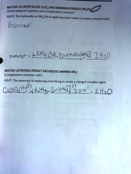 Solved Reaction 124 Copper Sulfate Cuso And Ammonium Hydroxide C