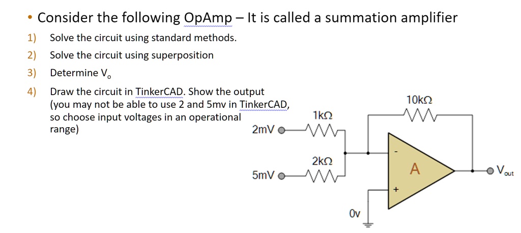 SOLVED: Consider the following OpAmp. It is called a summation amplifier. 1) Solve the circuit ...