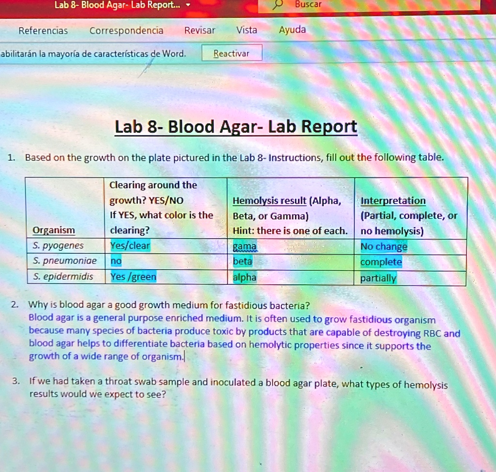 Lab 8- Blood Agar- Lab Report... Referencias Correspondencia Revisar ...