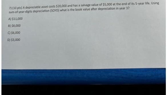 SOLVED: (10 pts) A depreciable asset costs 20,000 and has a salvage ...