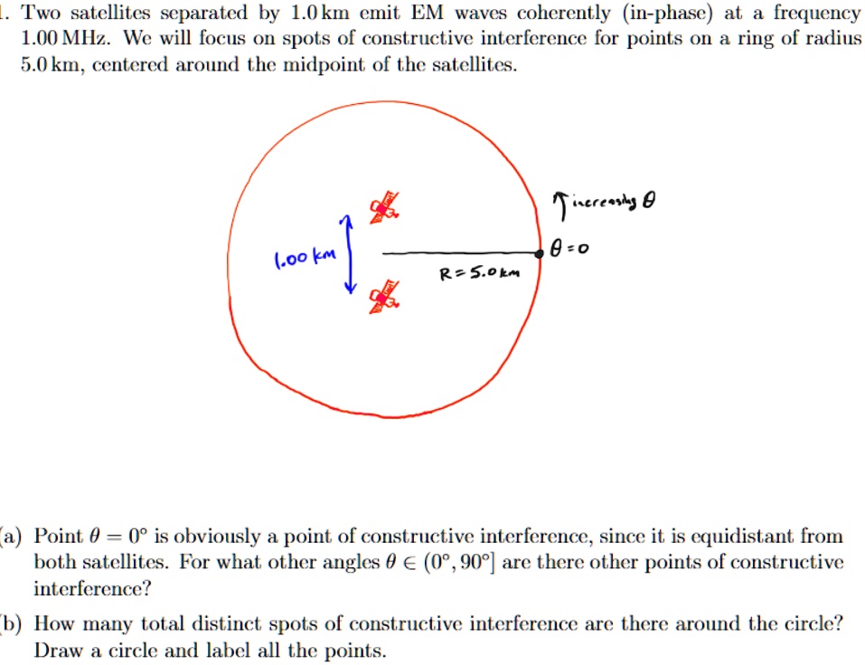 two satellites separated by 10km emit em waves coherently in phase at ...