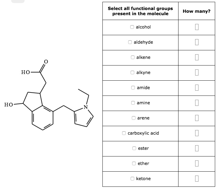 SOLVED: Select all functional groups present in the molecule How many? alcohol aldehyde alkene ...