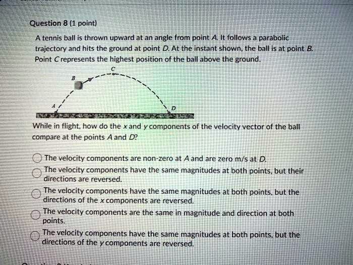 question 8 1 point a tennis ball is thrown upward at an angle from point a it follows a ...