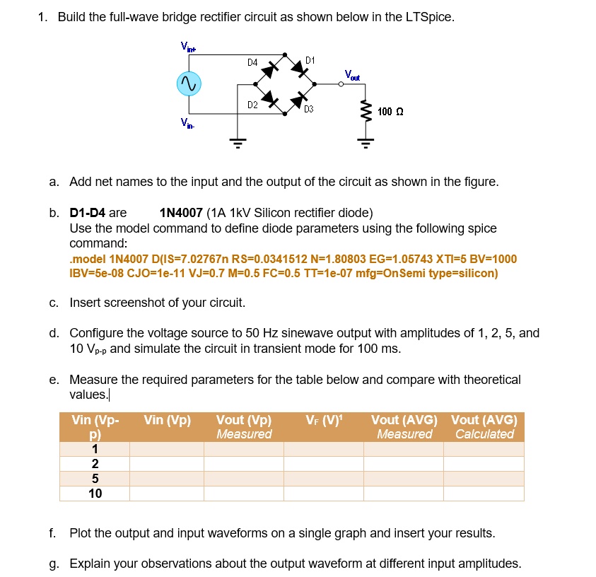 SOLVED: Build the full-wave bridge rectifier circuit as shown below in ...