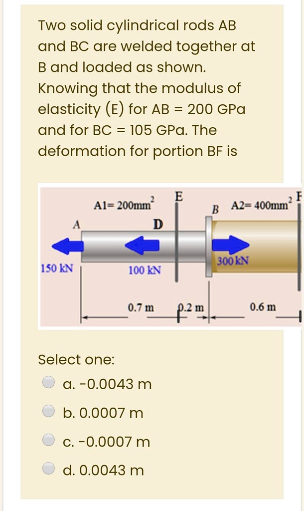 SOLVED: Two solid cylindrical rods AB and BC are welded together at B and loaded as shown ...