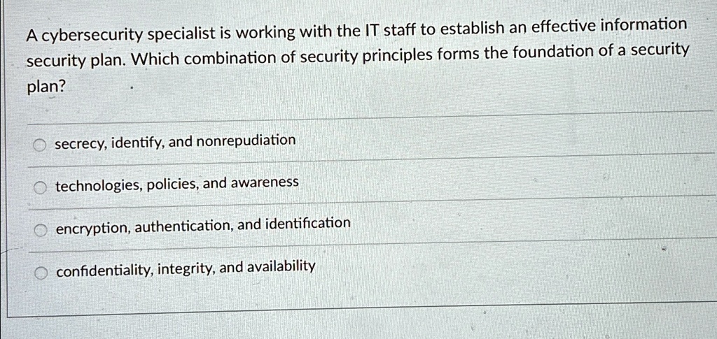 A cybersecurity specialist is working with the IT staff to establish an ...