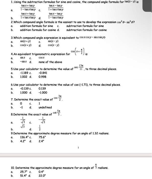 Solved 1 Using The Subtraction Formulas For Sine And Cosine The