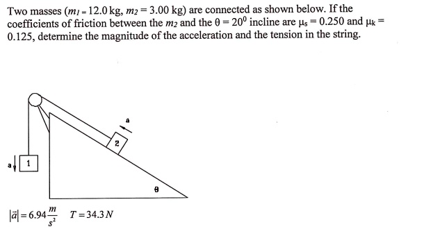 SOLVED: Two masses (mi=12.0 kg, m=3.00 kg) are connected as shown below. If the coefficients of ...