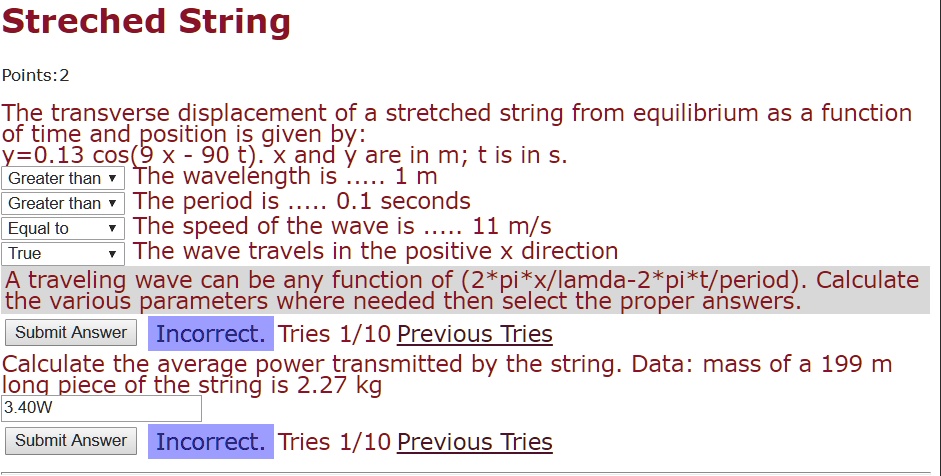 SOLVED: The transverse displacement of a stretched string from equilibrium as a function of time ...