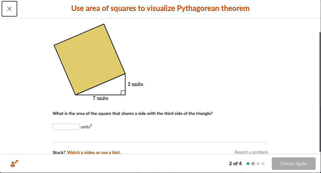 'Two sides of a right triangle measure 7 units and 3 units.What is the area of the square that ...