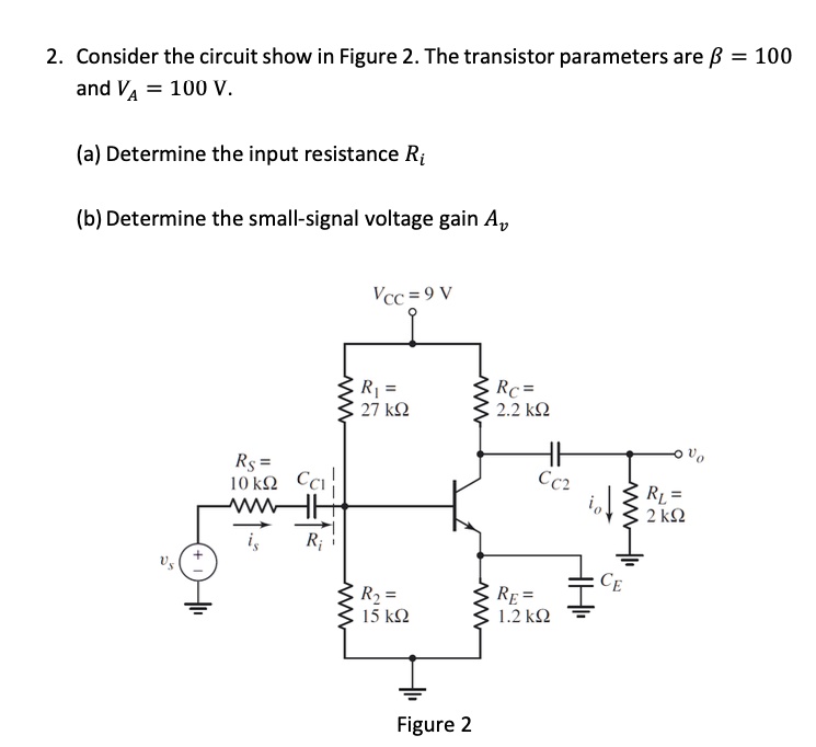 SOLVED: Consider the circuit show in Figure 2. The transistor parameters are B 100 and VA 10u V ...