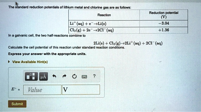 SOLVED:The standard reduction potentials of Iithium metal and chlorine ...