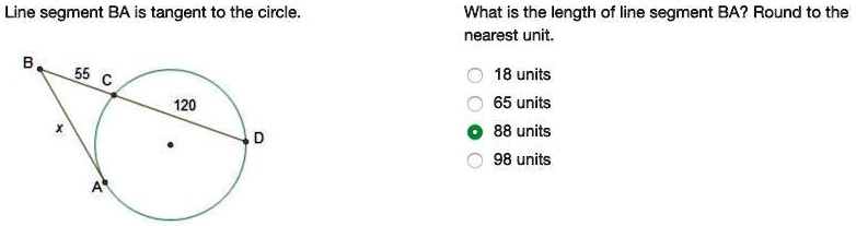 SOLVED: 'Line segment BA is tangent to the circle. A circle is shown. Secant D B and tangent B A ...