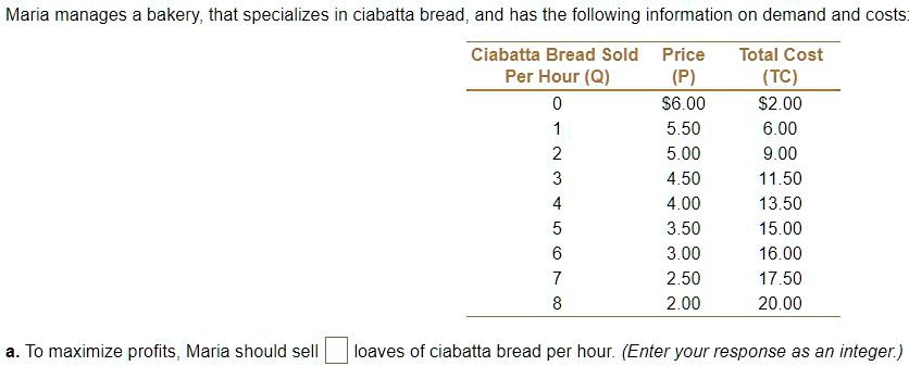 SOLVED: Maria manages a bakery; that specializes in ciabatta bread, and ...