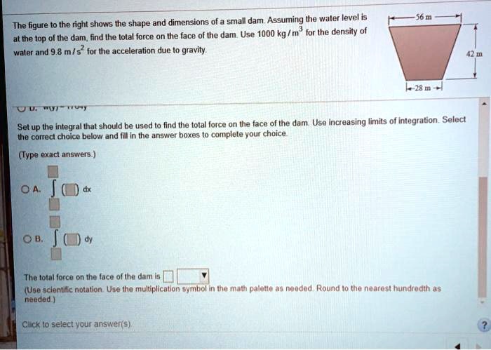 The figure to the right shows the shape and dimensions of a small dam ...
