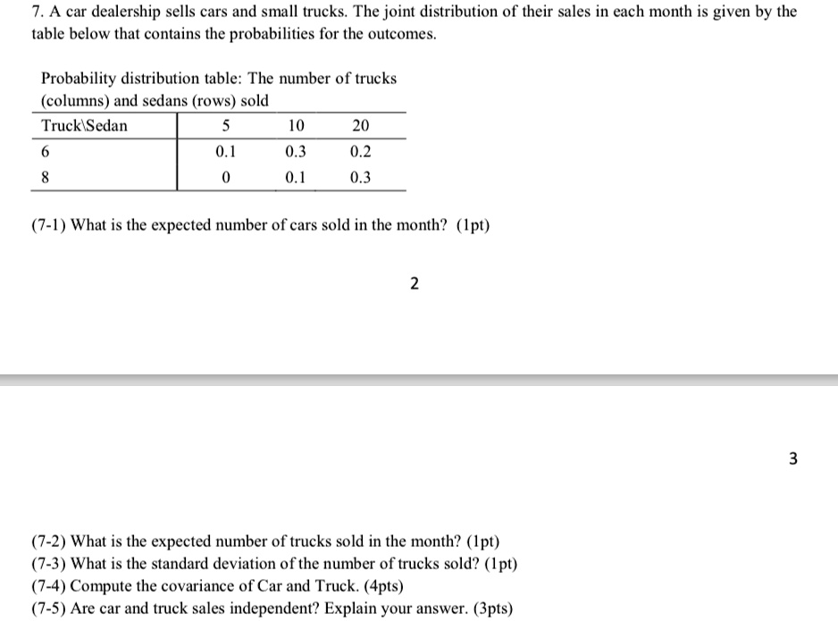 7. A car dealership sells cars and small trucks. The joint distribution ...