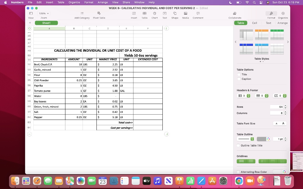 SOLVED: Numbers File Edit Insert Table Organize Format Arrange View Share Window Help WEEK 8 ...