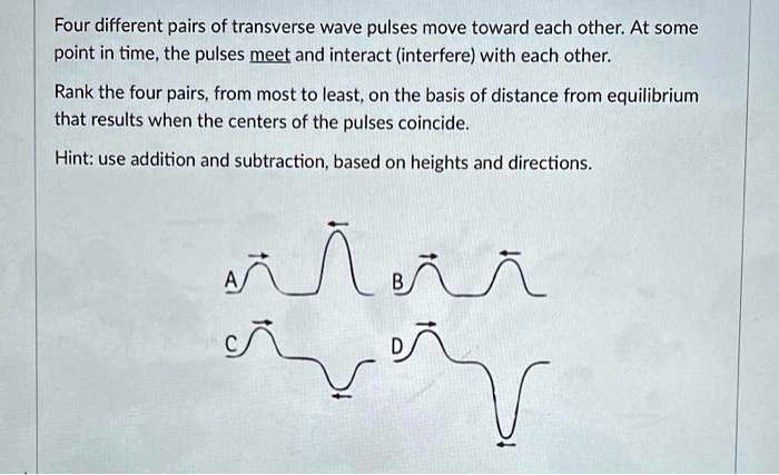 four different pairs of transverse wave pulses move toward each other ...