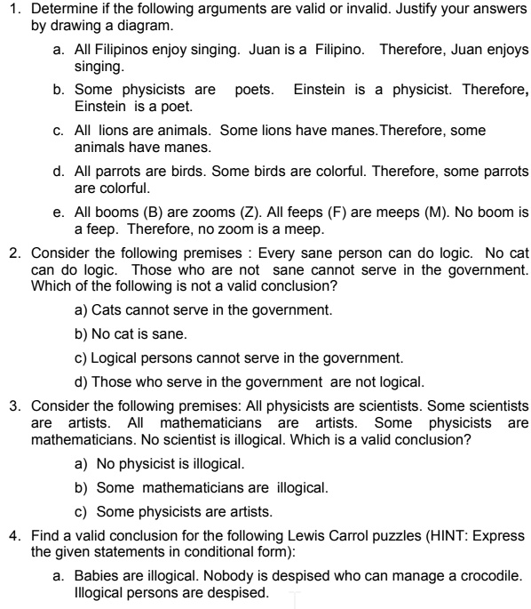 determine if the following arguments are valid or invalid justify your ...