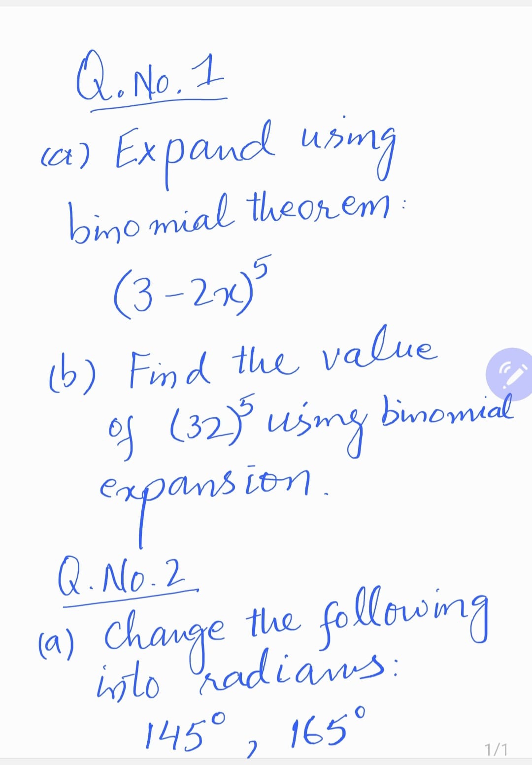 SOLVED: Q.No. 1 (a) Expand using binomial theorem (3-2 x)^5 (b) Find ...