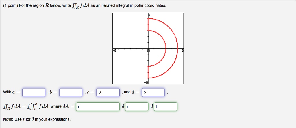 SOLVED: point) For the region R below; write JJr f dA as an iterated integra in polar ...