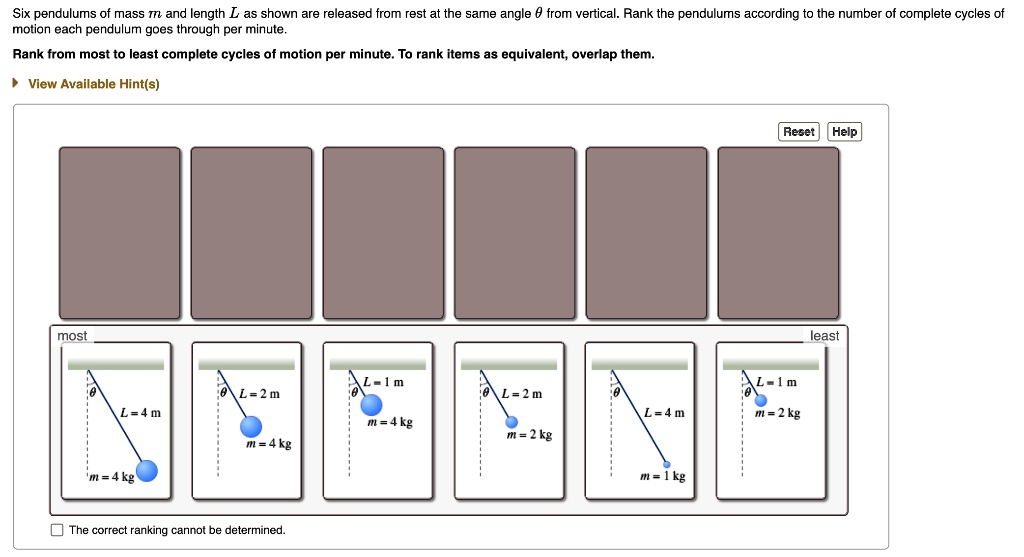 Six pendulums of mass m and length L as shown are released from rest at ...