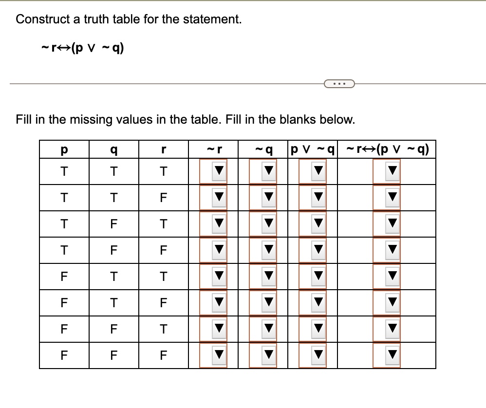 SOLVED: Construct a truth table for the statement. Construct a truth table for the statement. r ...