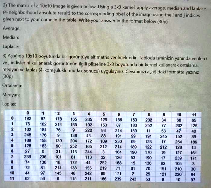 SOLVED: The matrix of a 10x10 image is given below. Using a 3x3 kernel ...