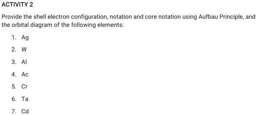 SOLVED: 'help please PLEASE ACTIVITY 2 Provide the shell electron configuration, notation and ...