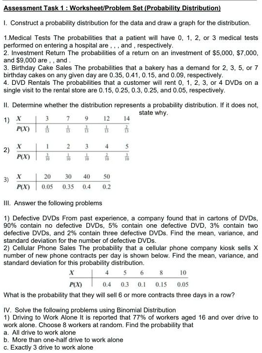 assessment task worksheetlproblem set probability distribution construct probability ...