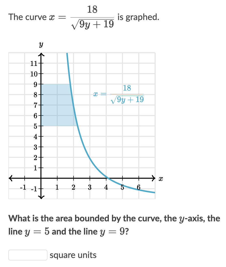 SOLVED: The curve x=(18)/(√(9 y+19)) is graphed. What is the area bounded by the curve, the y ...