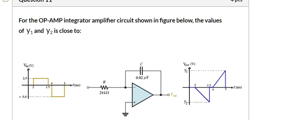 For the OP-AMP integrator amplifier circuit shown in figure below, the values of Y1 and Y2 is ...