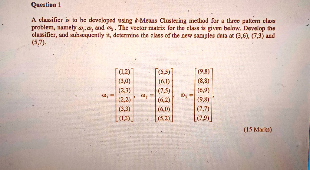 Solved Question 1 A Classifier Is To Be Developed Using K Means Clustering Method For A Three