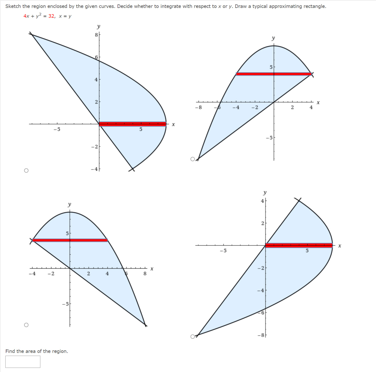 SOLVED: Sketch the region enclosed by the given curves. Decide whether to integrate with respect ...