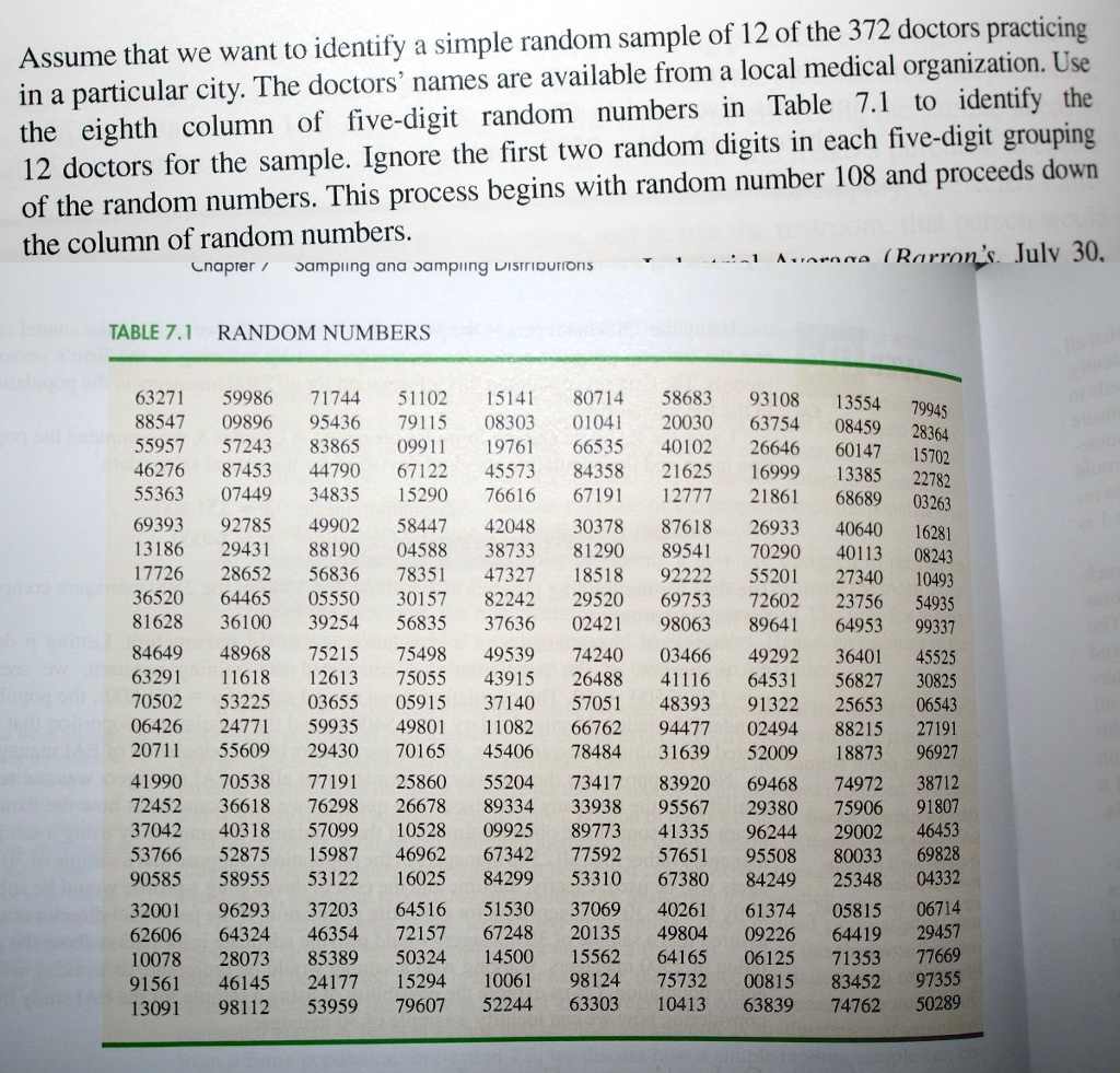 to identify a simple random sample of 12 of the 372 doctors practicing ...