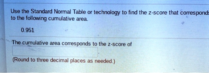 SOLVED: Use the Standard Normal Table or technology to find the z-score ...