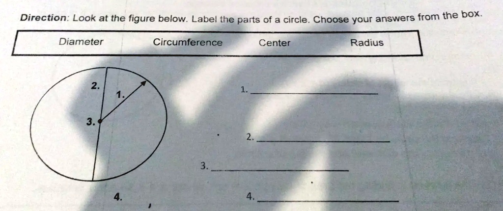Direction: Look at the figure below: Label the parts of a circle. Choose your answers from the ...