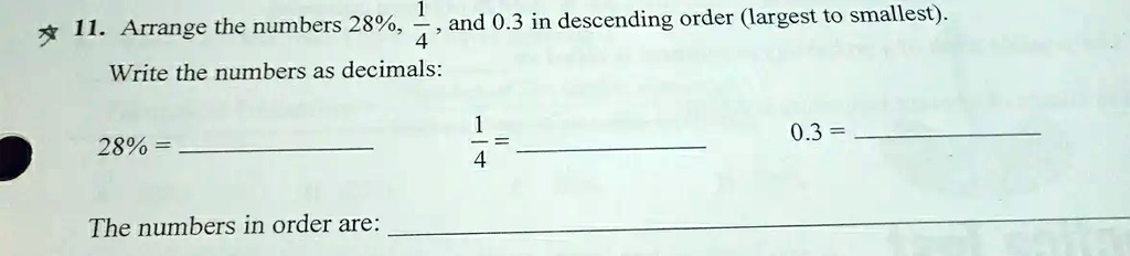 SOLVED: 11. Arrange the numbers 28%, and 0.3 in descending order (largest to smallest) Write the ...