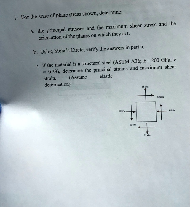 SOLVED: For the state of plane stress shown, determine: a. the principal stresses and the ...