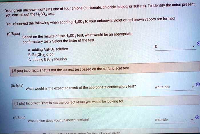 SOLVED: Text: (carbonate; chloride; iodide; or sulfate) To identify the anion present, you are ...