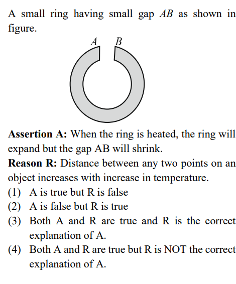 A small ring having small gap A B as shown in figure. Assertion A: When the ring is heated, the ...