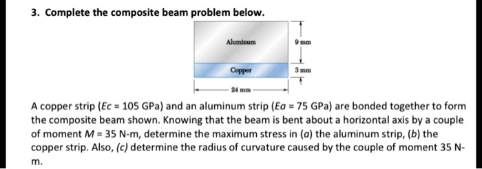 3. Complete the composite beam problem below. Aluminum 9 mm Copper 3 mm 24 mm A copper strip (Ec ...