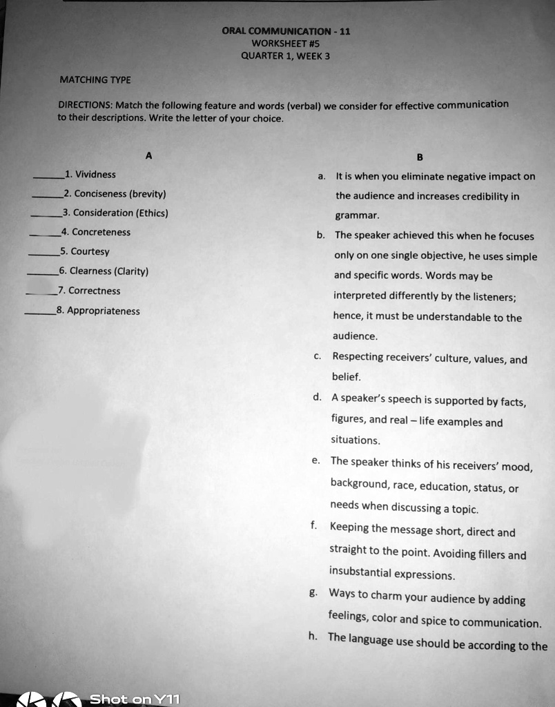 oral communication worksheet 5 oral communication worksheet 5 quarter 1 week 3 matching type ...