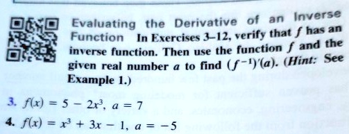 SOLVED: Of an Inverse Evaluating the Derivative of a Function. In Exercises X12, verify that the ...