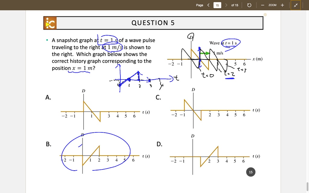 SOLVED: Page 1 of 15 Zoom QUESTION 5 A snapshot graph of a wave pulse traveling to the right at ...