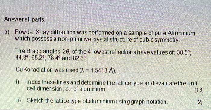 Answer all parts. a) Powder X-ray diffraction was performed on a sample ...