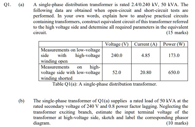 Q1. (a) A single-phase distribution transformer is rated 2.4/0.240 kV ...