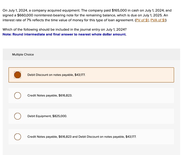 SOLVED: On July 1, 2024, a company acquired equipment. The company paid ...
