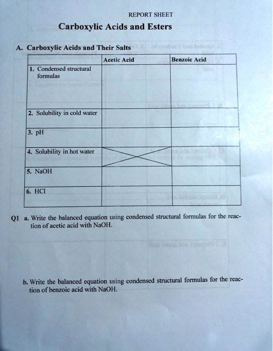 SOLVED:REPORT SHEET Carboxylic Acids and Esters Carboxylic Acids and Their Salts Acetic Acid ...
